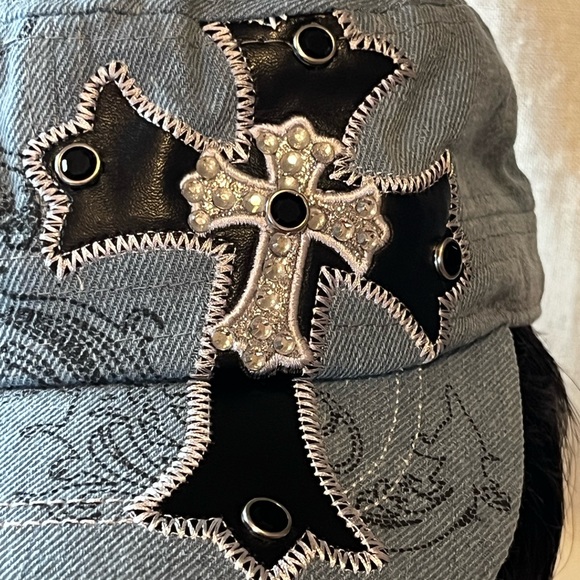 Accessories | Light Blue Denim Cap With Leather Crosd | Poshmark